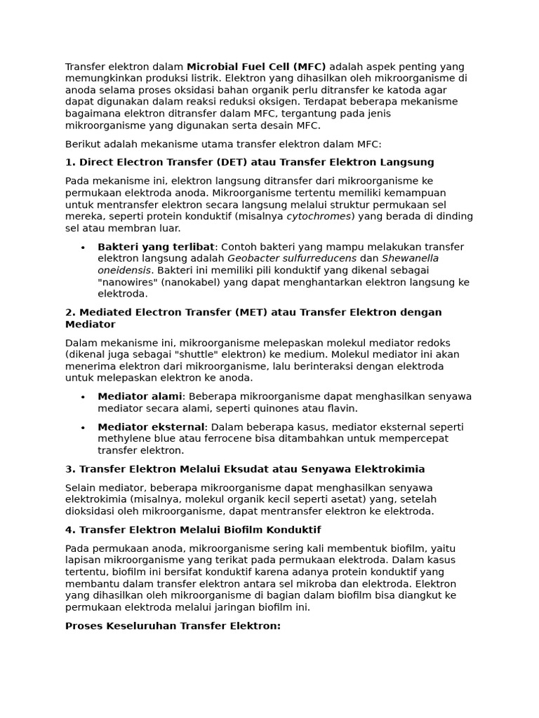 Transfer Elektron Dalam Microbial Fuel Cell | PDF