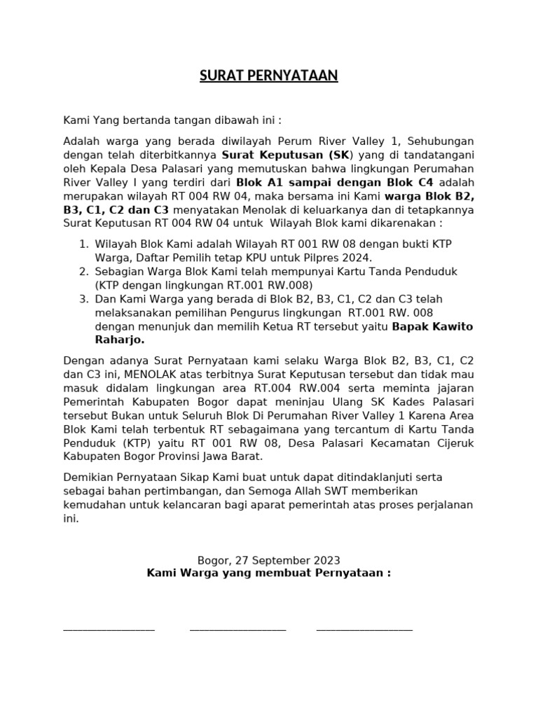 Surat Pernyataan Penolakan Warga | PDF