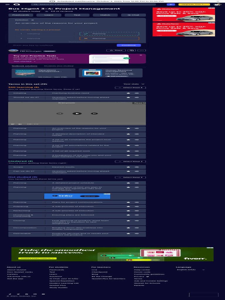 Bus MGMT 3-4 Project Management Flashcards Quizlet | PDF | Learning