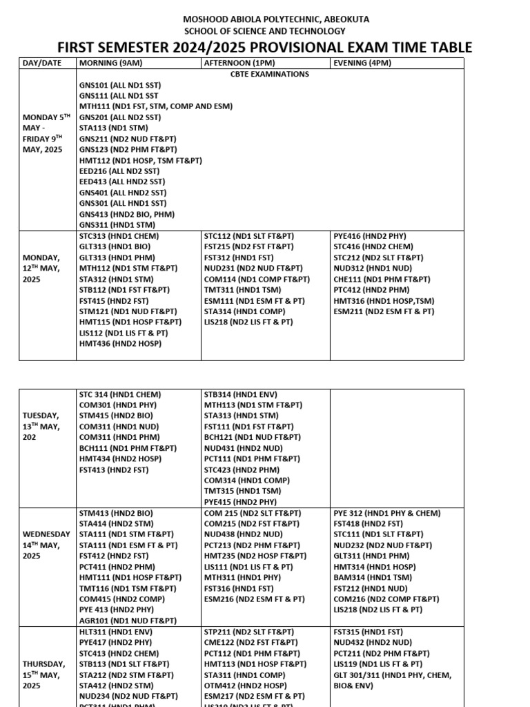 First Sem 20242025 Exam Time Table | PDF