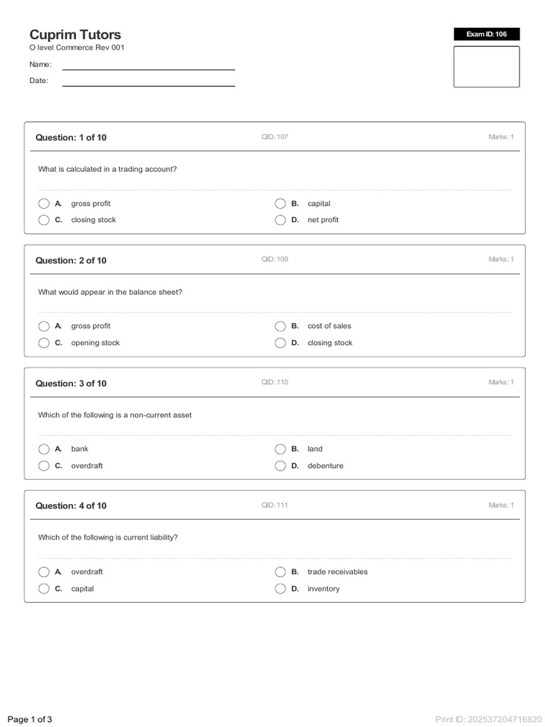 O Level Commerce Rev | PDF | Balance Sheet | Debits And Credits