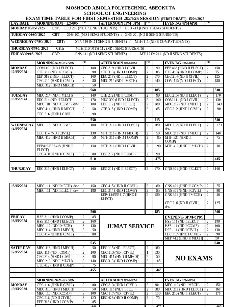 1st Sem Exam Time Table 2025 | PDF