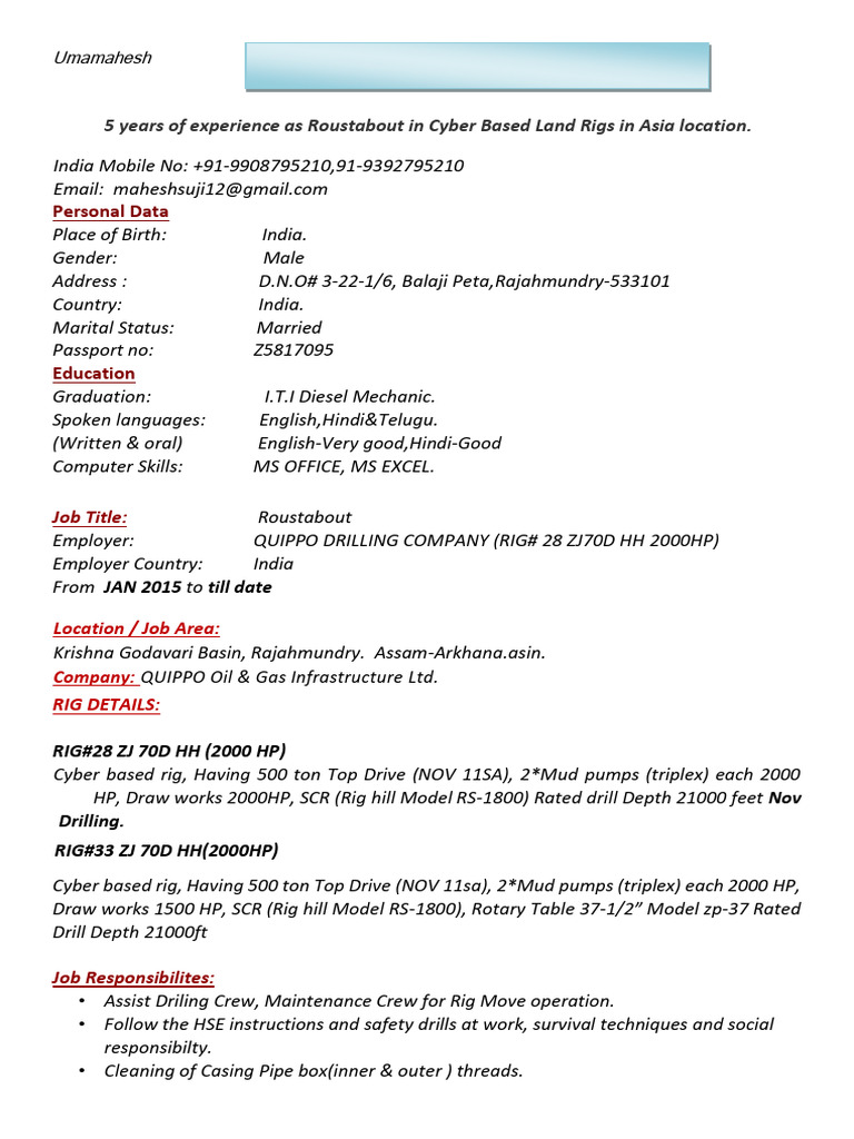 CV - 5 Years of Experience As A Roustabout - Mahesh | PDF | Oil Well