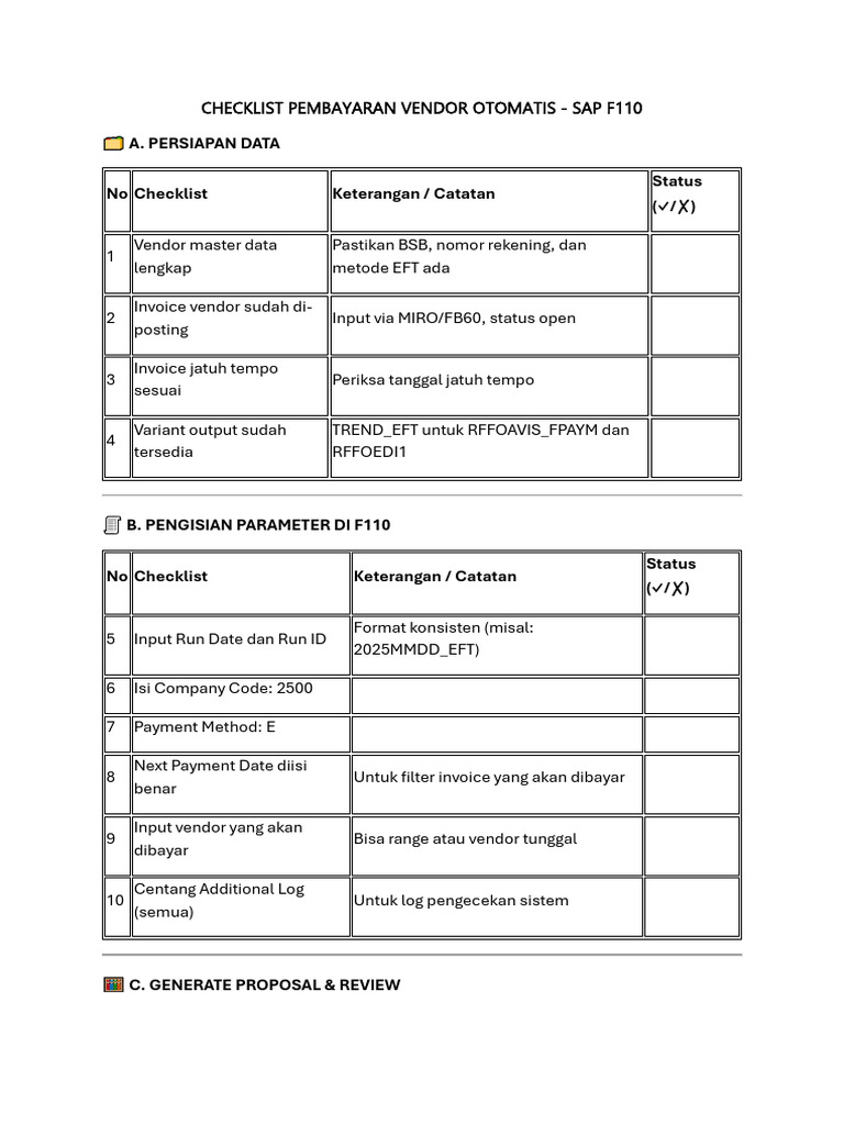 Checklist Pembayaran Vendor SAP F110 | PDF