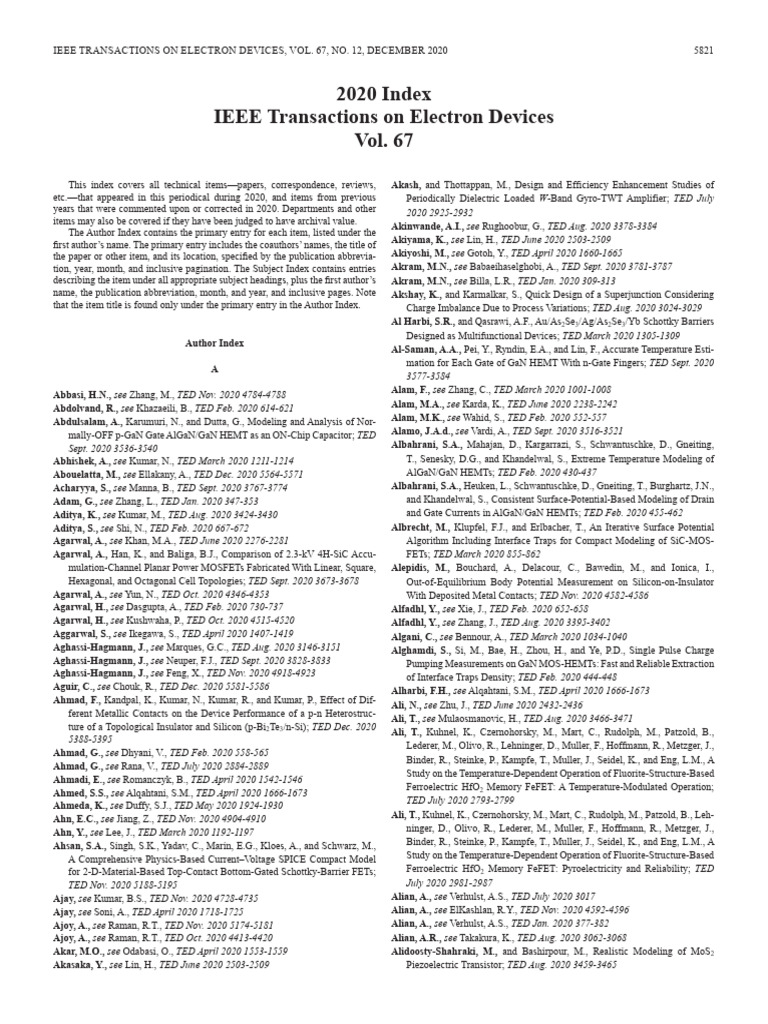 2020 Index IEEE Transactions On Electron Devices Vol. 67 | PDF | Field ...