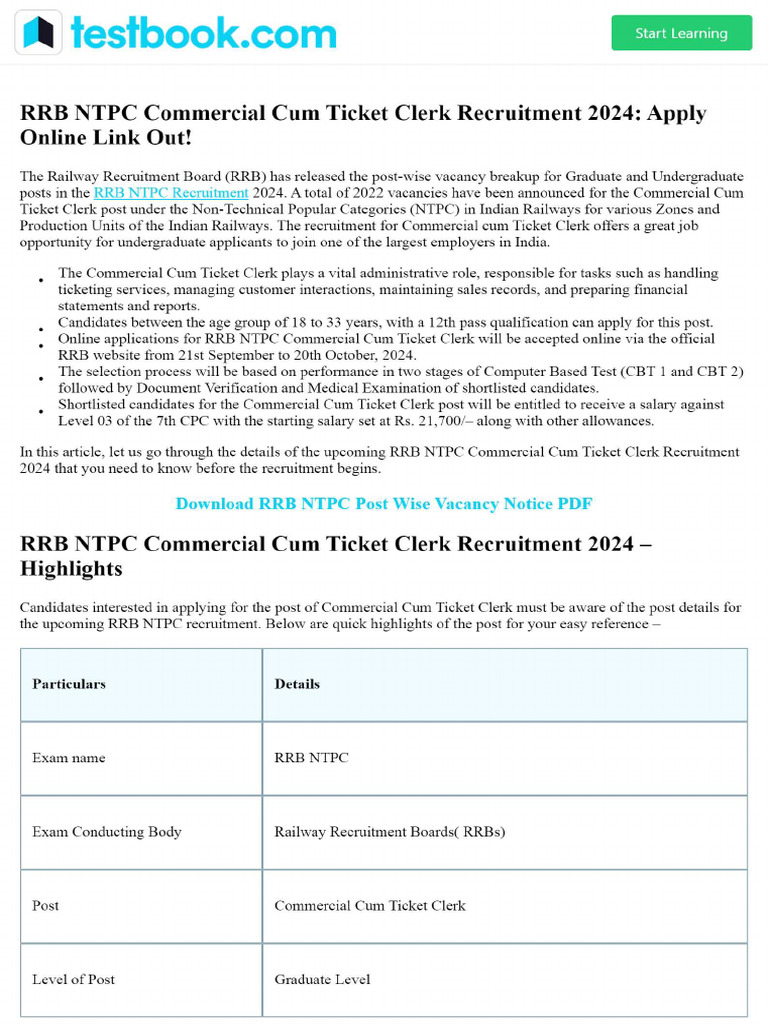 RRB NTPC Commercial Cum Ticket Clerk Recruitment 2024 - Apply Online ...