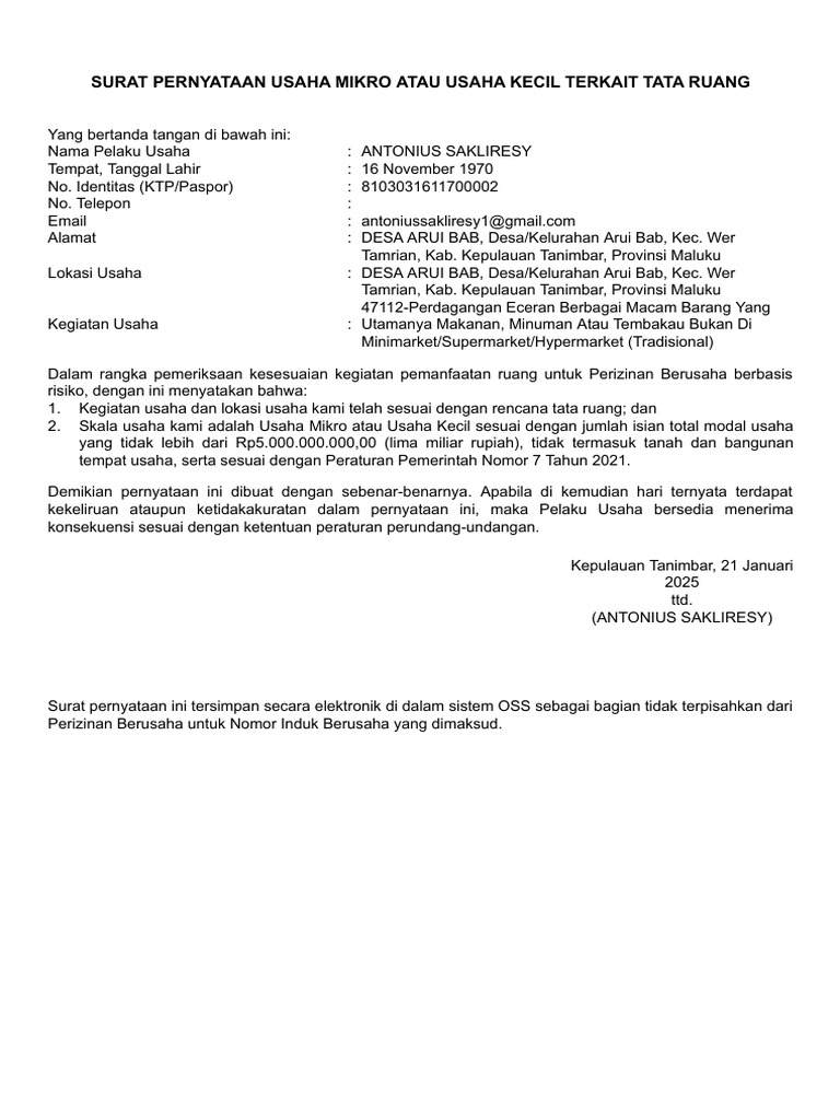 Surat Pernyataan Tata Ruang | PDF