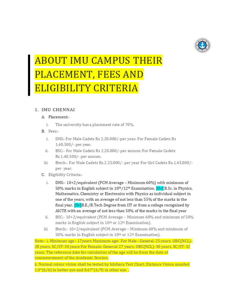 About IMU Campus Their Placement, Fees and Eligibility Criteria | PDF ...