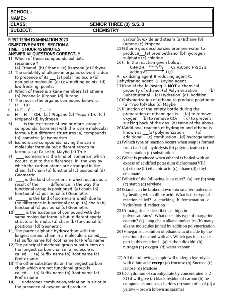 Chemistry Ss3 First Term Exam | PDF | Oxide | Functional Group