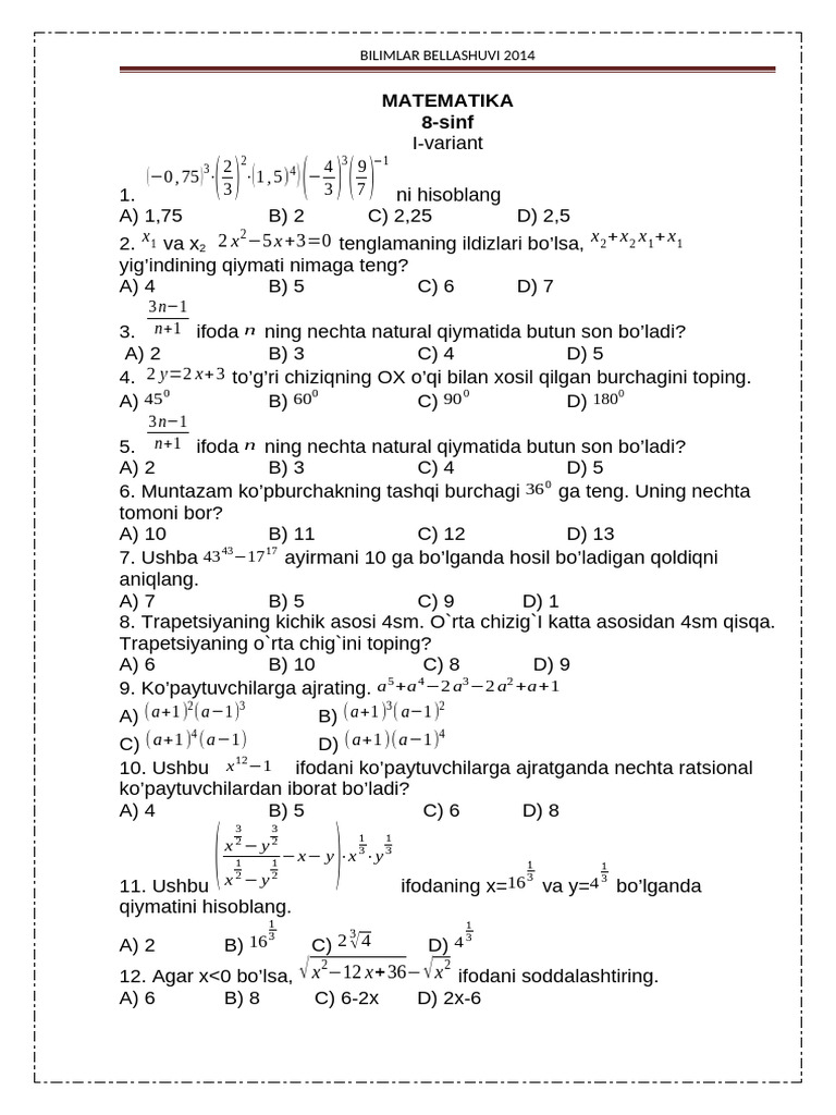 2014 8th Grade Math Competition Problems | PDF
