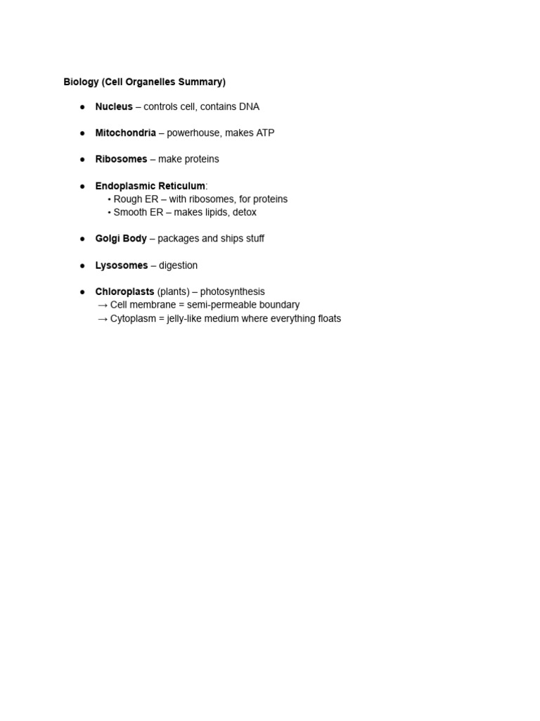 Biology (Cell Organelles Summary) Notes For HSC | PDF
