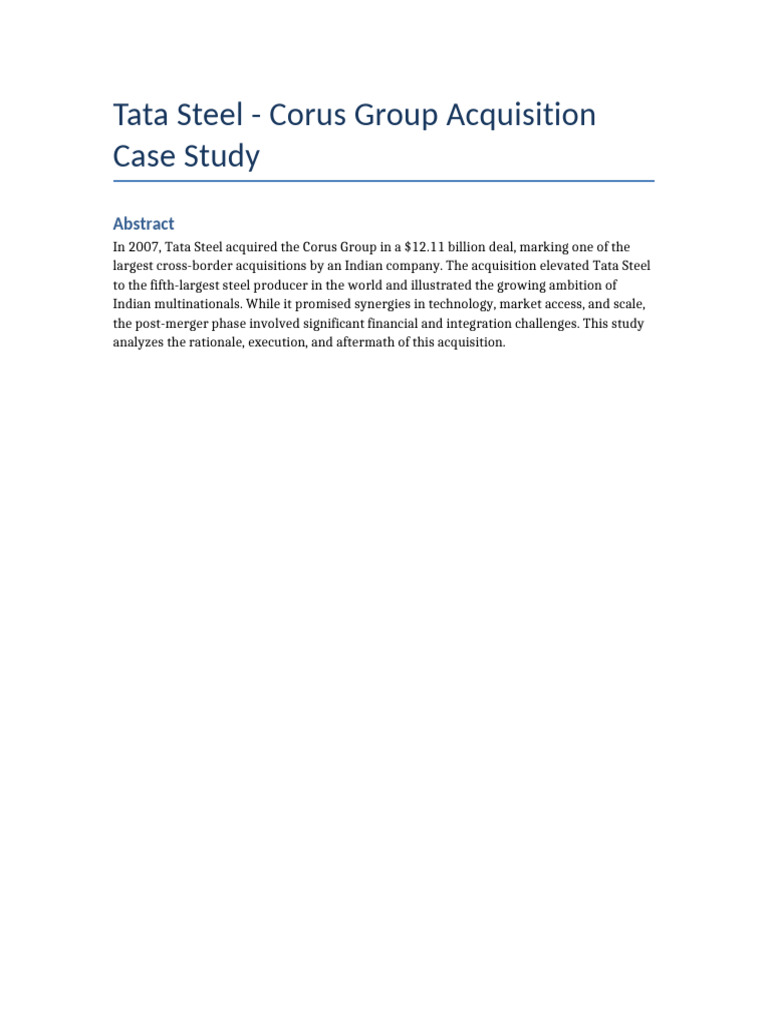 Tata Steel-Corus Acquisition Analysis | PDF | Mergers And Acquisitions ...