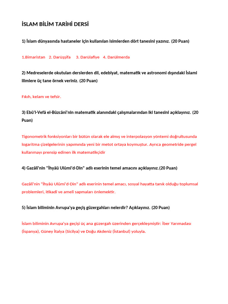 İSLAM BİLİM TARİHİ DERSİ - Çalışma Kağıdı | PDF