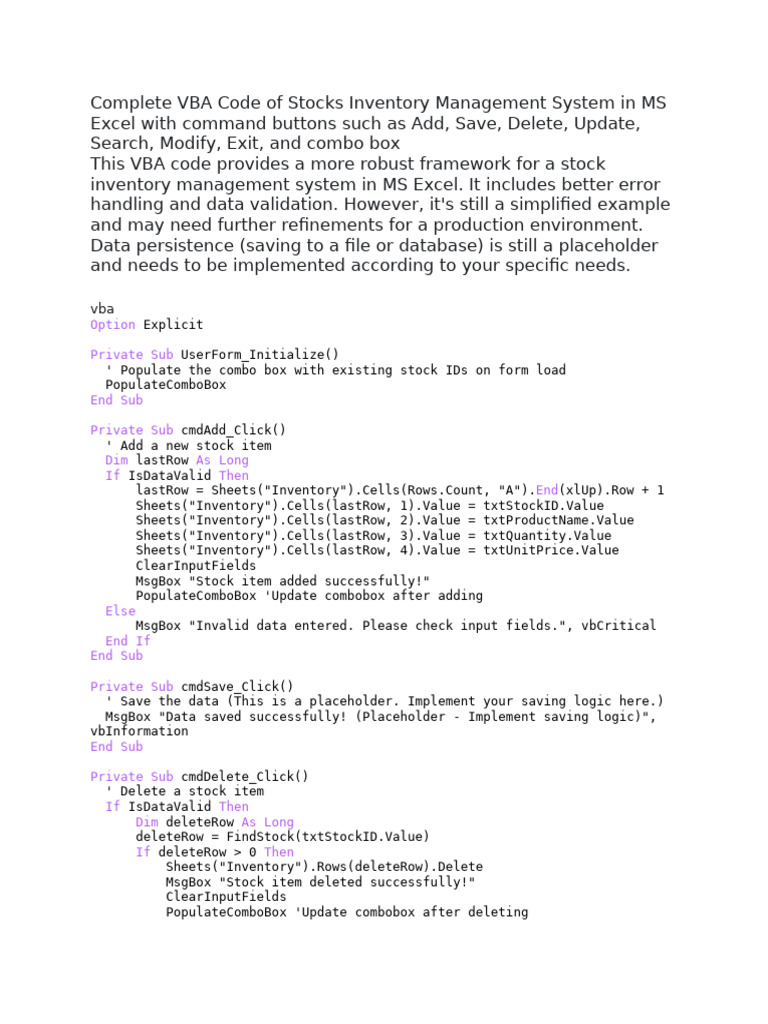 VBA Stock Inventory Management Code | PDF | Microsoft Excel | Computer ...