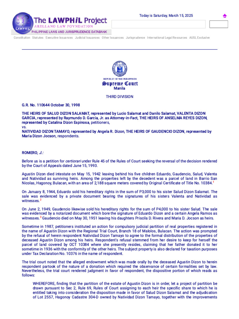Heirs of Salud Dizon vs. Tayo G.R. No. 110644 | PDF | Taxes | Justice