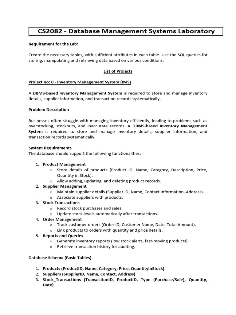 CS2082 - Database Management Systems Laboratory - Project List | PDF | Databases | Payroll