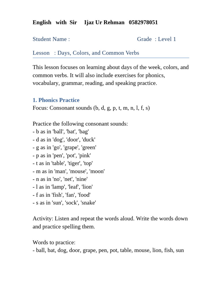 English Lesson: Days, Colors, Verbs | PDF | Phonics | English Language