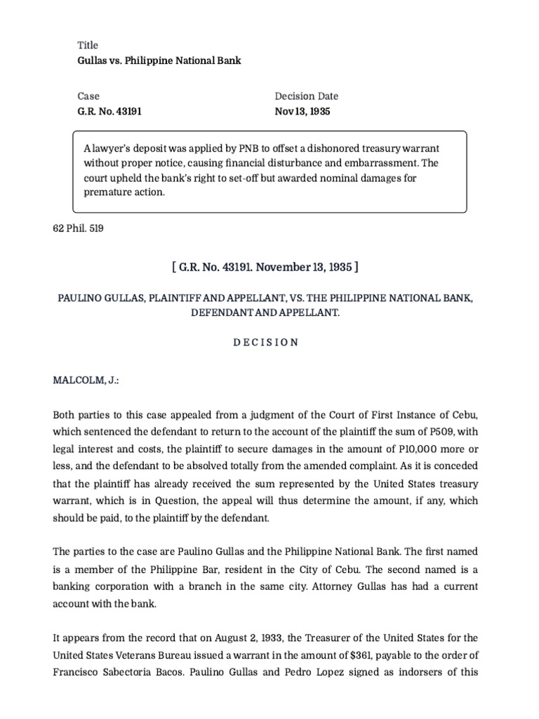 G.R. No. 43191 - Gullas vs. Philippine National Bank | PDF | Banks | Negotiable Instrument