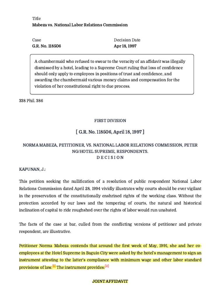 G.R. No. 118506 - Mabeza vs. National Labor Relations Commission | PDF | Employment | Labour Law