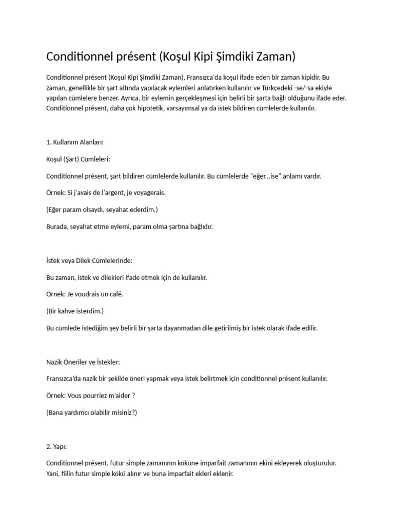 Conditionnel Présent (Koşul Kipi Şimdiki Zaman) | PDF