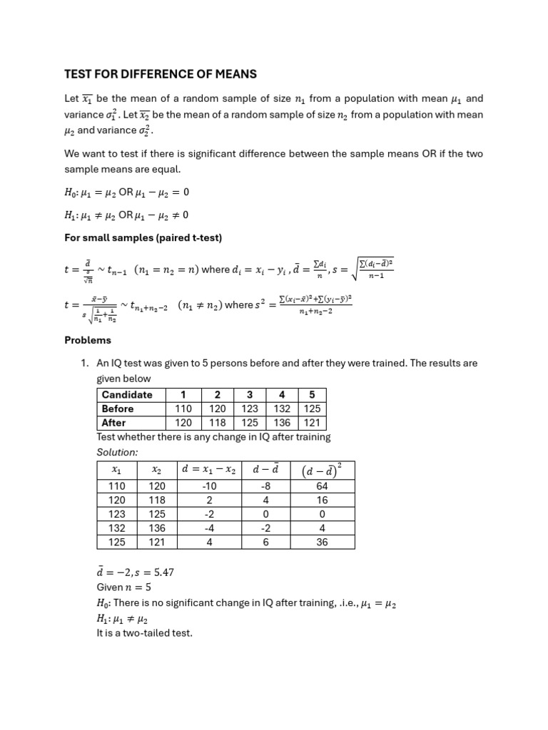 Test For Difference of Means | PDF | Student's T Test | Scientific Method