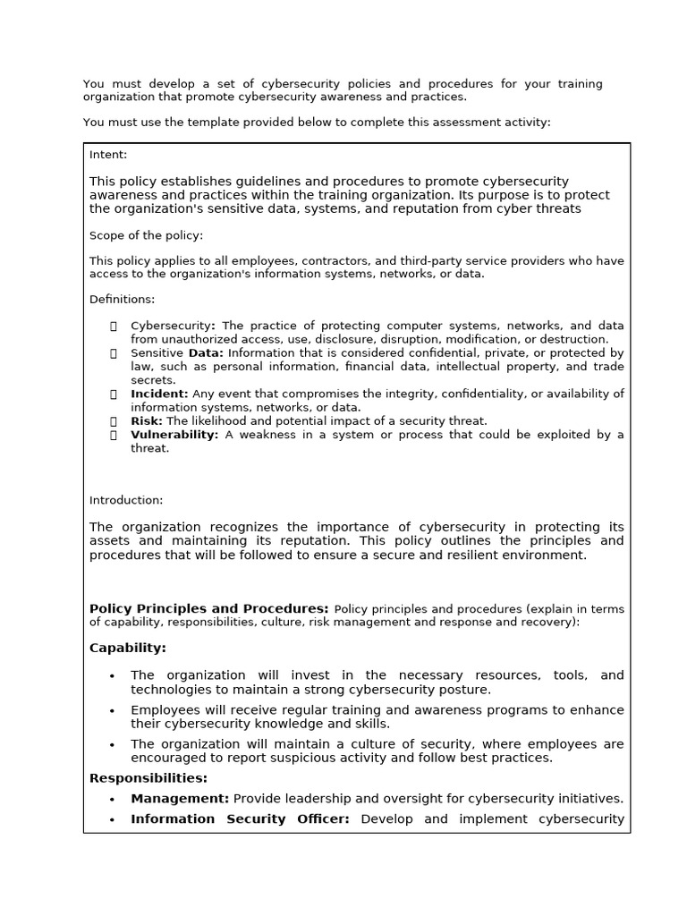 BSBXCS402 - Activity 1 - Cybersecurity Policies and Procedures Template.v1.0 | PDF | Security ...