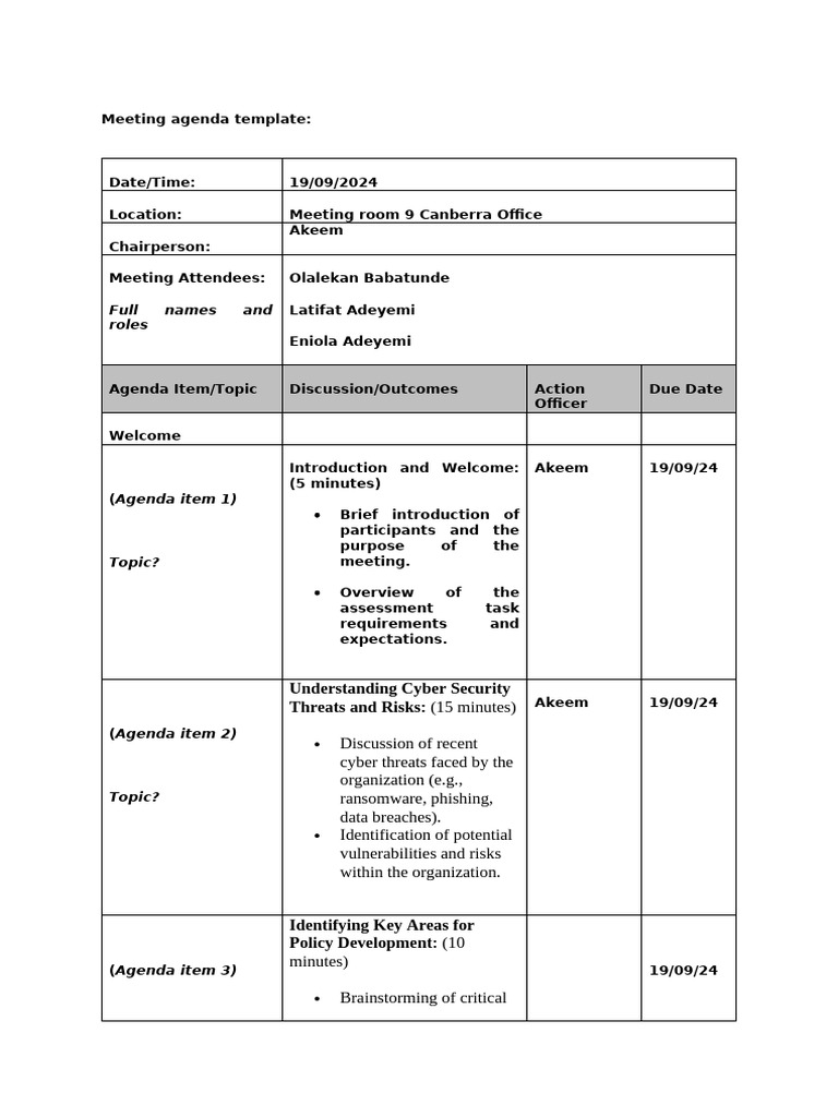 BSBXCS402 - Activity 1 - Meeting Agenda Template.v1.0 | PDF | Policy | Risk