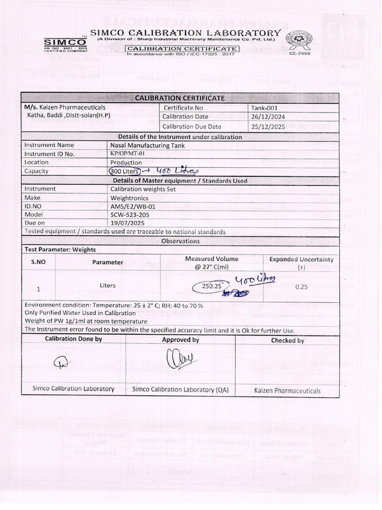 Manufacturing Tank Certificate | PDF