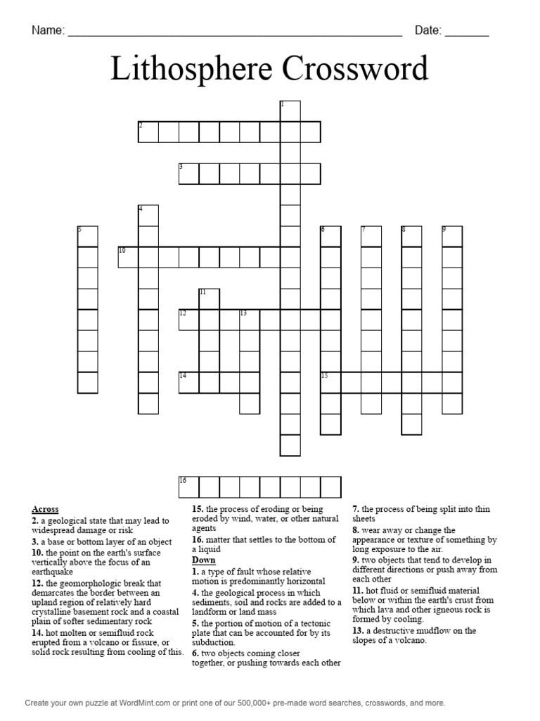 Lithosphere Crossword Puzzle Guide | PDF | Rock (Geology) | Geology