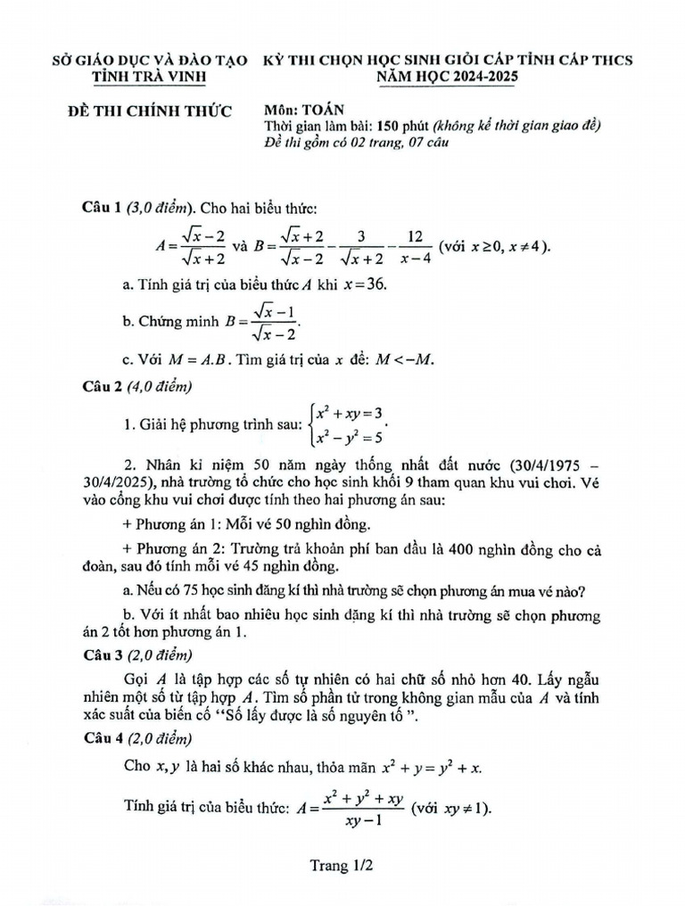 De Chon Hoc Sinh Gioi Tinh Toan Thcs Nam 2024 2025 So GDDT Tra Vinh | PDF