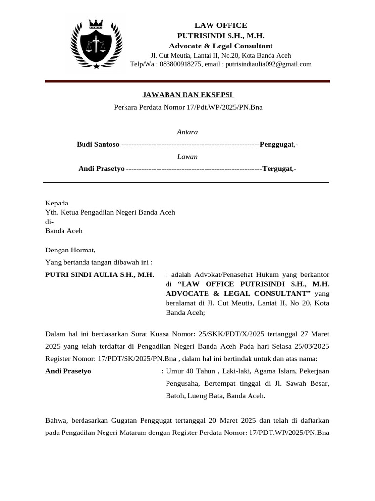 SURAT JAWABAN GUGATAN PLKH PERDATA 2 | PDF