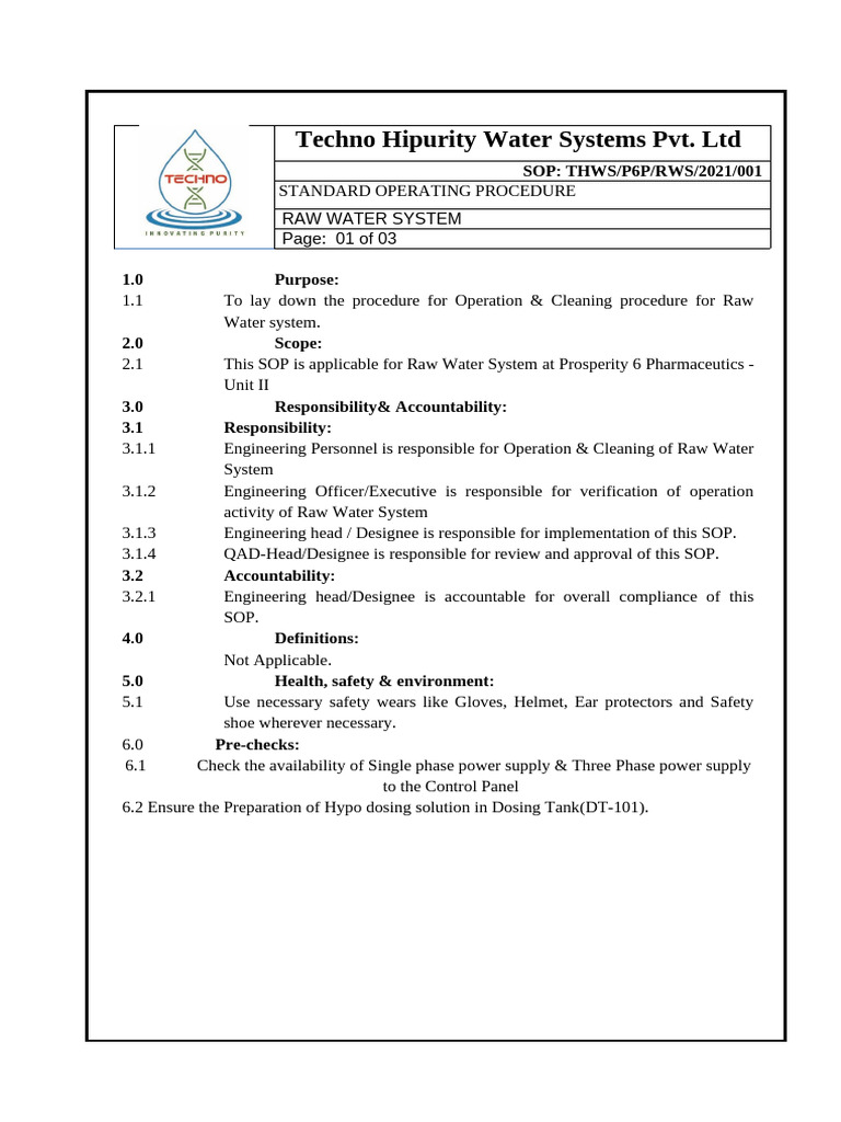 Raw Water System Operation Sop | PDF