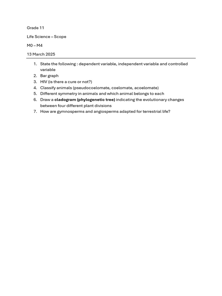Grade 11 Controlled Test Scope Term 1 | PDF