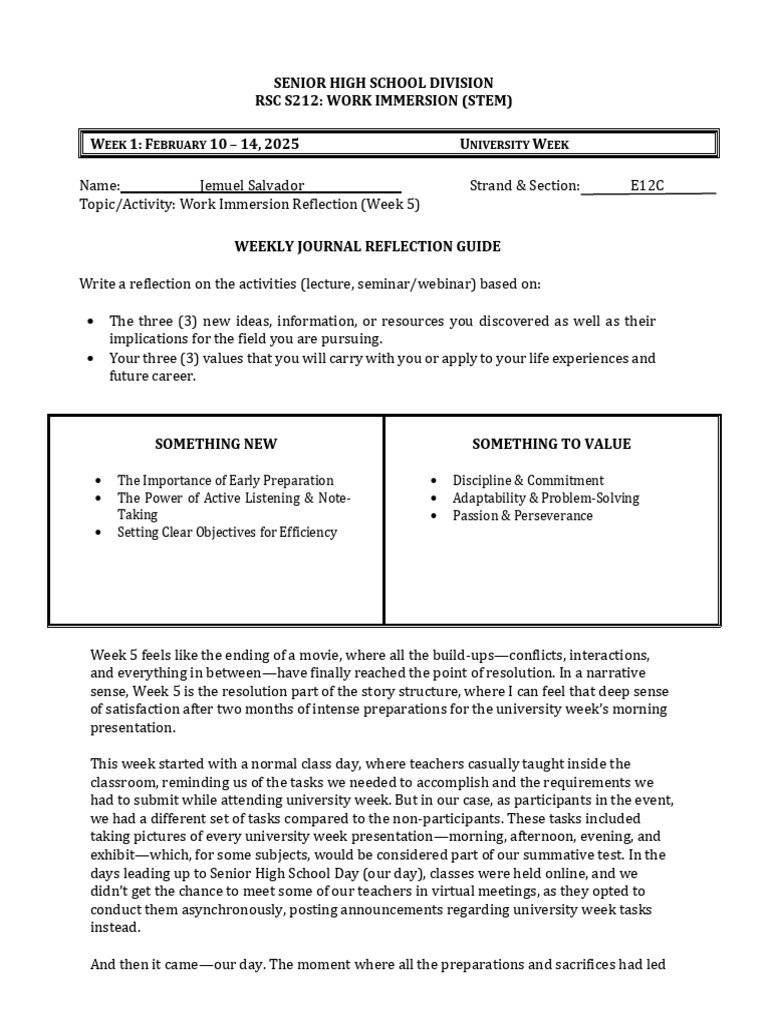 Week 5 - Salvador, Jemuel - Work Immersion Reflection (Week 5) | PDF