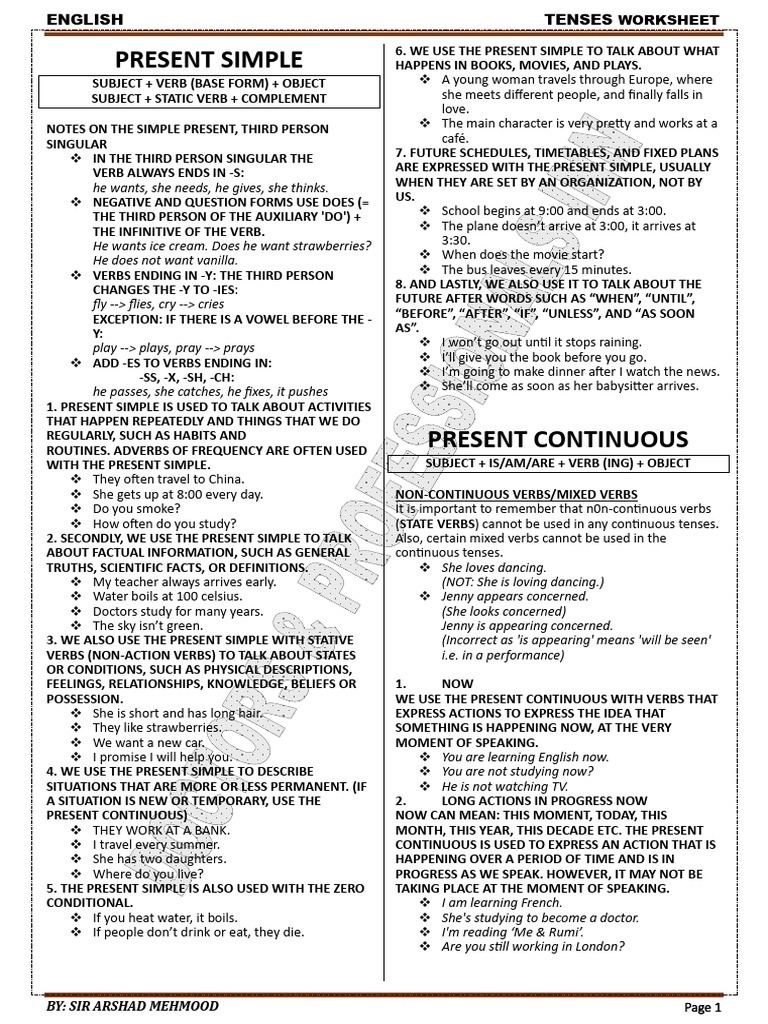 TENSES Worksheet | PDF | Verb | Grammatical Tense
