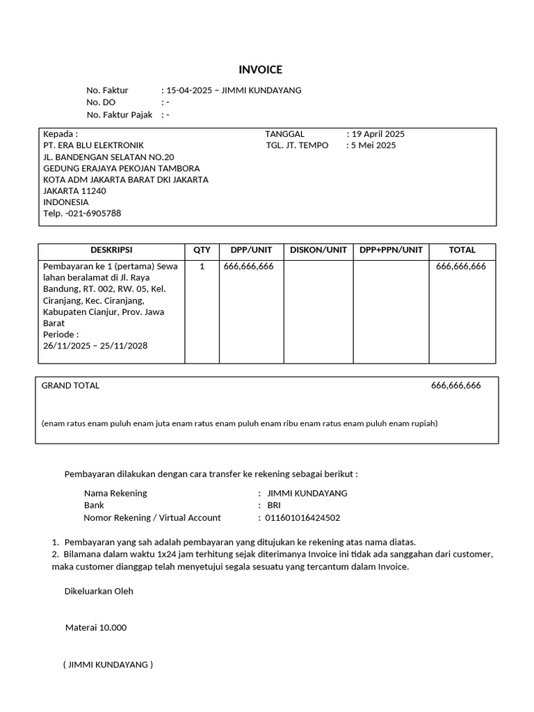 Invoice Sewa Lahan 2025 | PDF