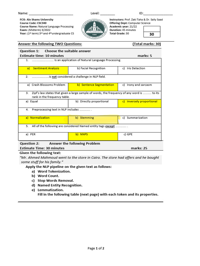 [NLP_22]Midterm(Solution) | PDF | Information Science | Computing