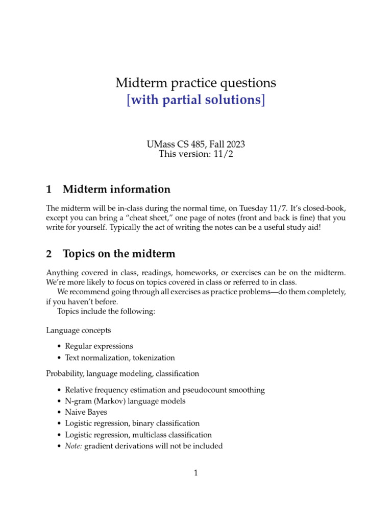 Practice Midterm Solutions | PDF | Parsing | Statistical Classification