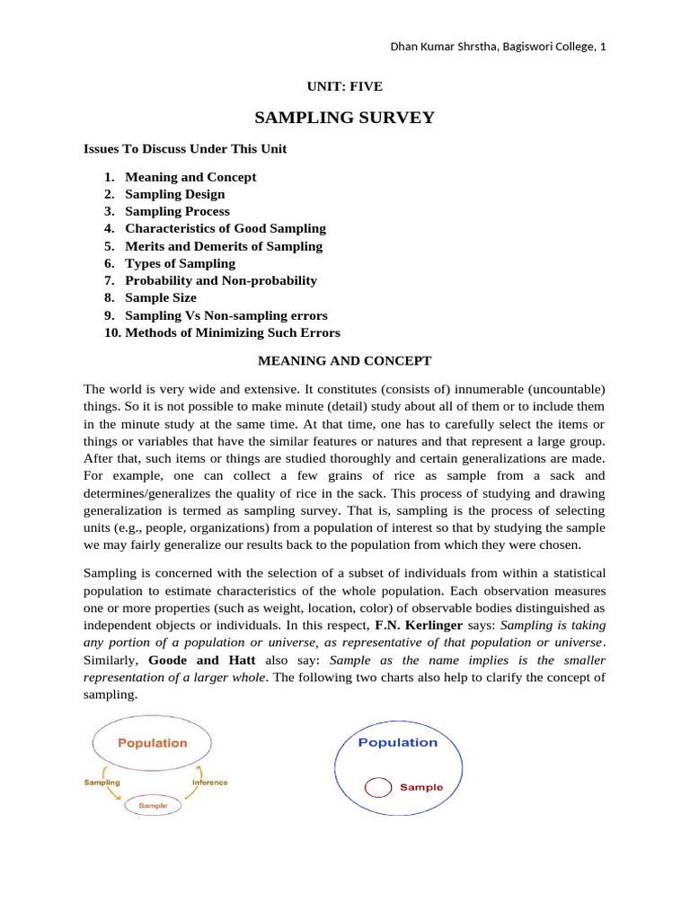 UNIT 8- Sampling Survey | PDF | Sampling (Statistics) | Survey Methodology