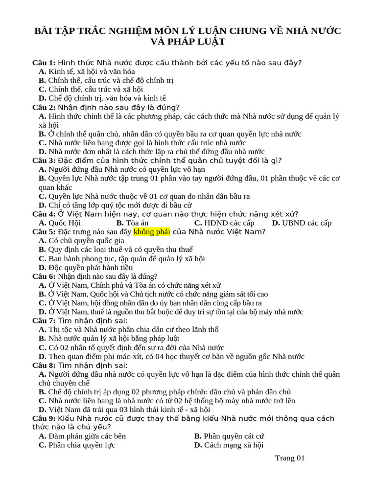 1. Bài Tập Trắc Nghiệm Môn Lý Luận NN Và PL CÓ ĐÁP ÁN | PDF