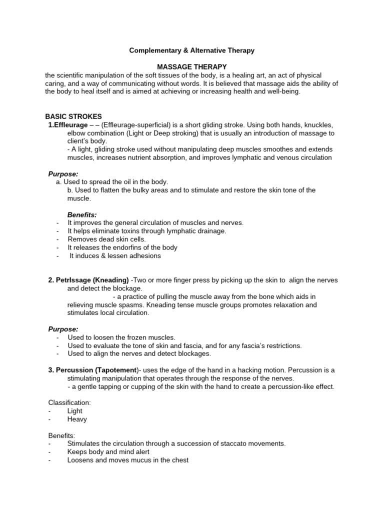 Complementary Therapy notes | PDF | Massage | Stroke
