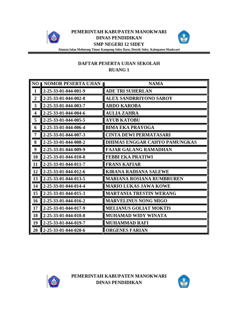 Daftar Peserta Ujian 2024 Siap Print | PDF