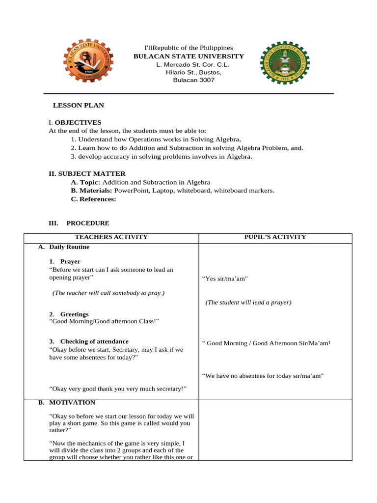 Algebra Addition and Subtraction Lesson Plan | PDF | Variable ...