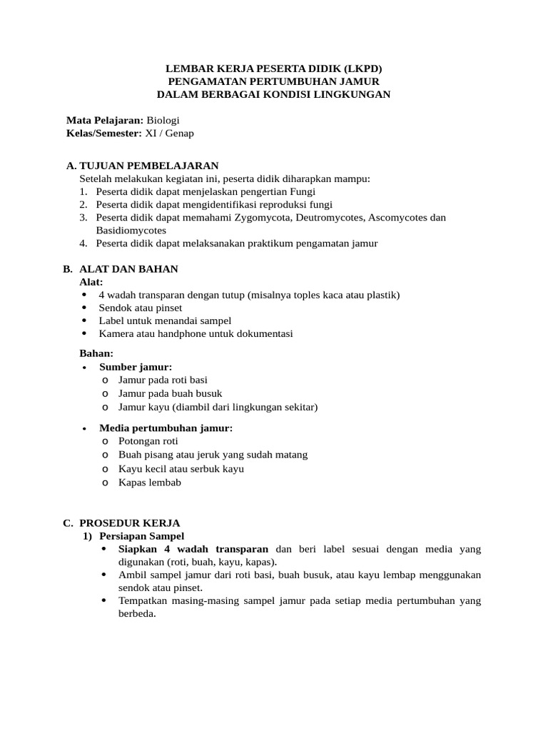LKPD INOVASI PENGAMATAN JAMUR | PDF