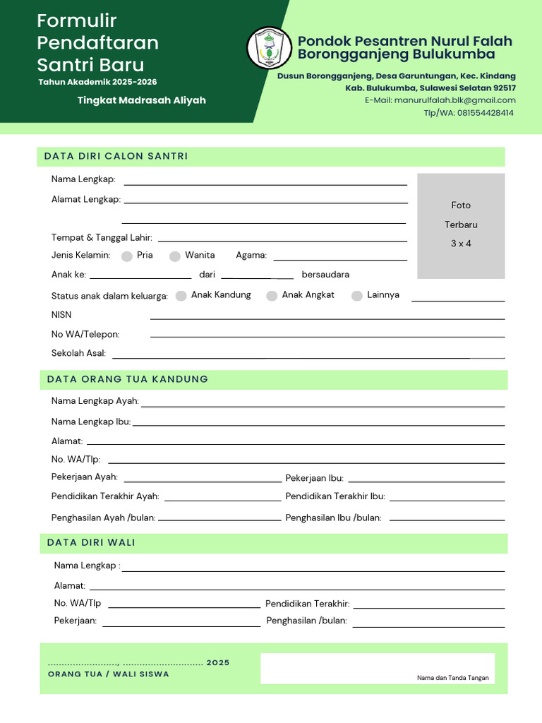 Formulir PSB Pesantren Nurul Falah Bulukumba | PDF