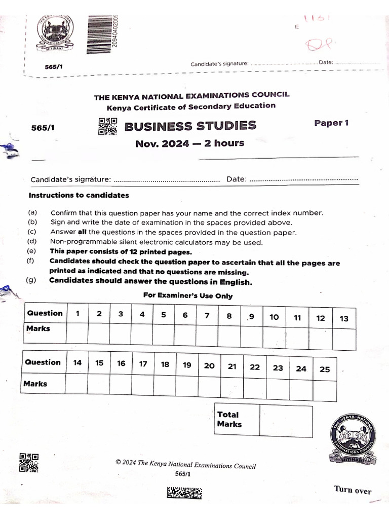 Kcse Bstudies PP1 2024 | PDF