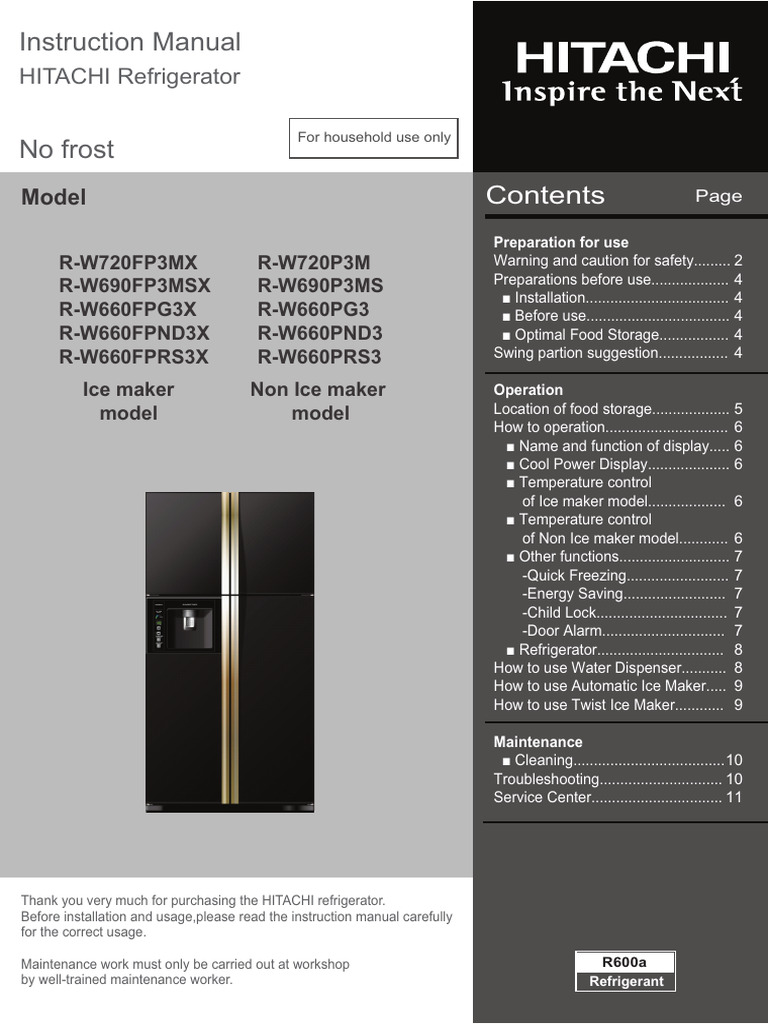 Hitachi Refrigerator Instruction Manual | PDF | Refrigerator | Cold