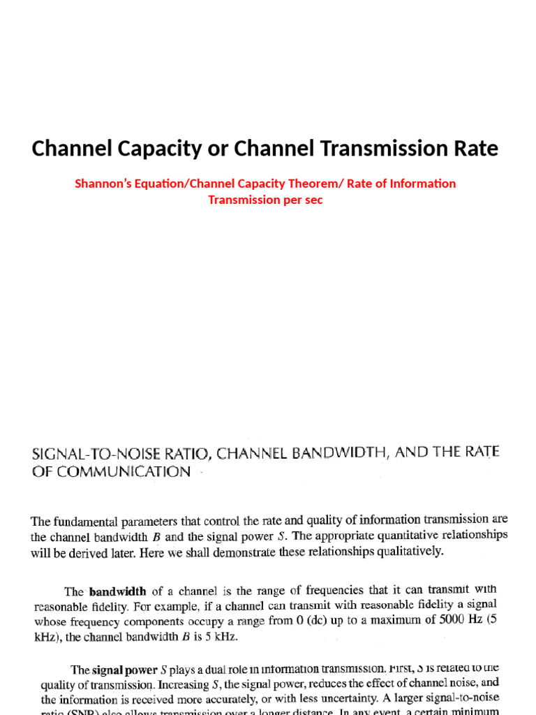 Channel Capacity or Channel Transmission Rate | PDF | Signal To Noise Ratio | Bandwidth (Signal ...