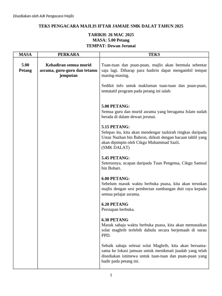TEKS PENGACARA MAJLIS IFTAR JAMAIE SMK DALAT (1) | PDF