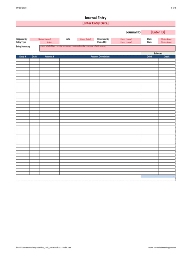 Journal Entry Template for Accounting | PDF